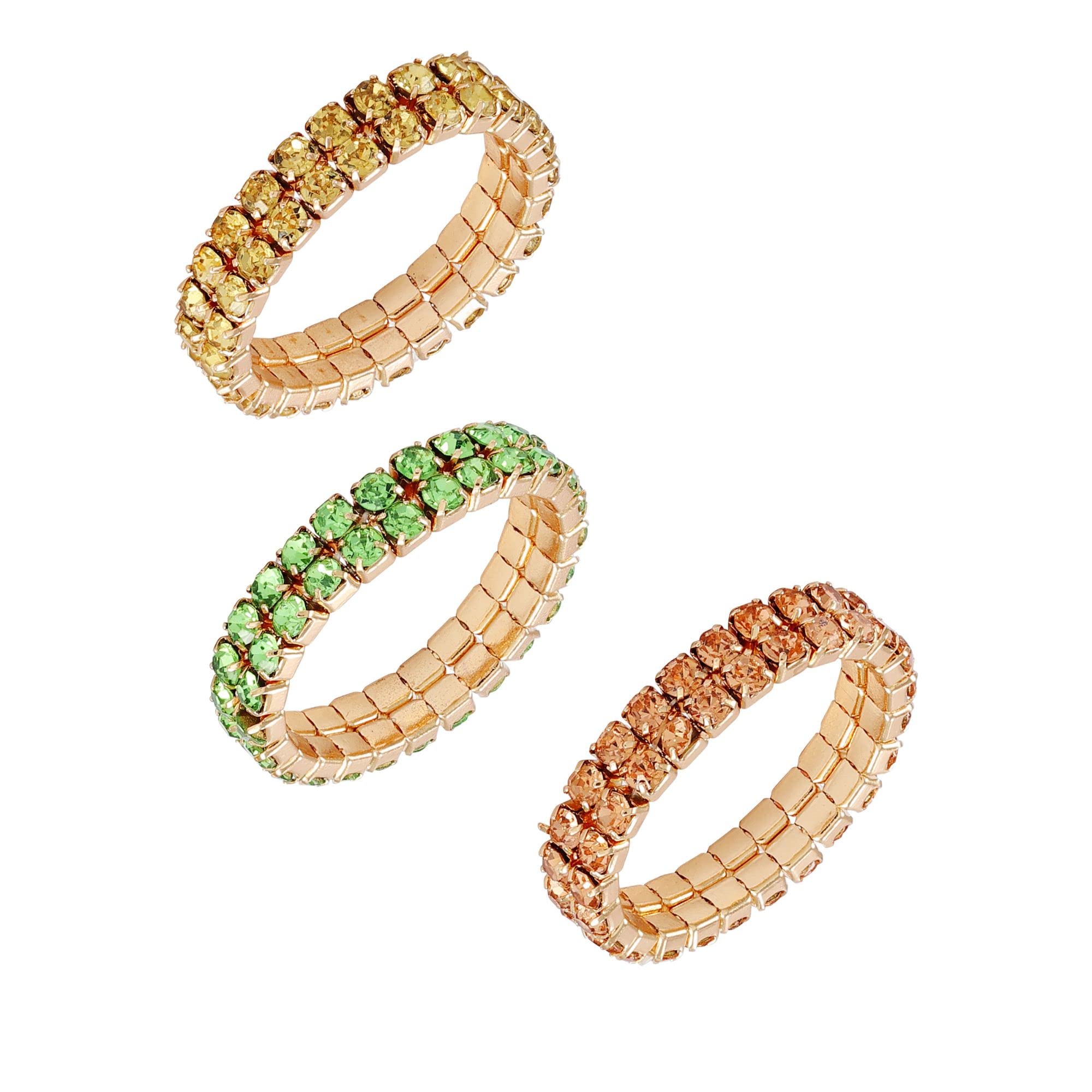 GUESS Yellow, Green, Orange Rhinestone Stretch Band 3 Piece Ring Set, Gold-Tone