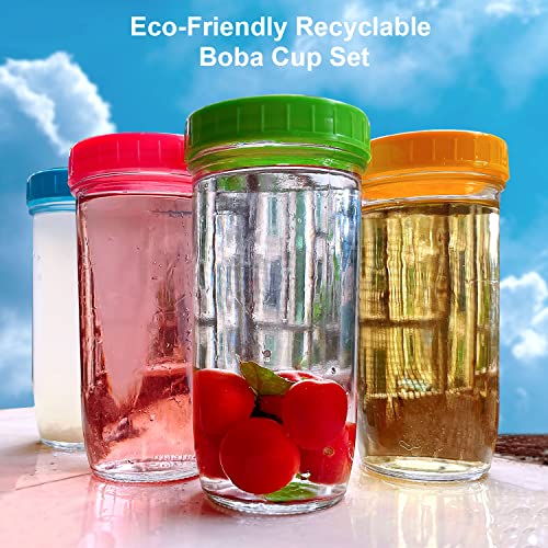 Glass Cups Set( 4 Pack) - 24oz Mason Jar with Lid and Straw Reusable Iced Coffee Cup Wide Mouth Bubble Cups, Smoothie Bobo Cup w 12 Airtight Lids Brush, Travel Glass Drinking Bottle, Juice