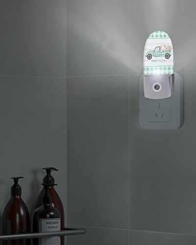 Plug-in LED Night Light with Auto Light Sensor - Popsicle Shape Nightlight Baby Night Lights for Hallway Bedroom Kids Room - Happy Easter Green Plaid Truck with Bunny and Easter Eggs Retro Wood Board
