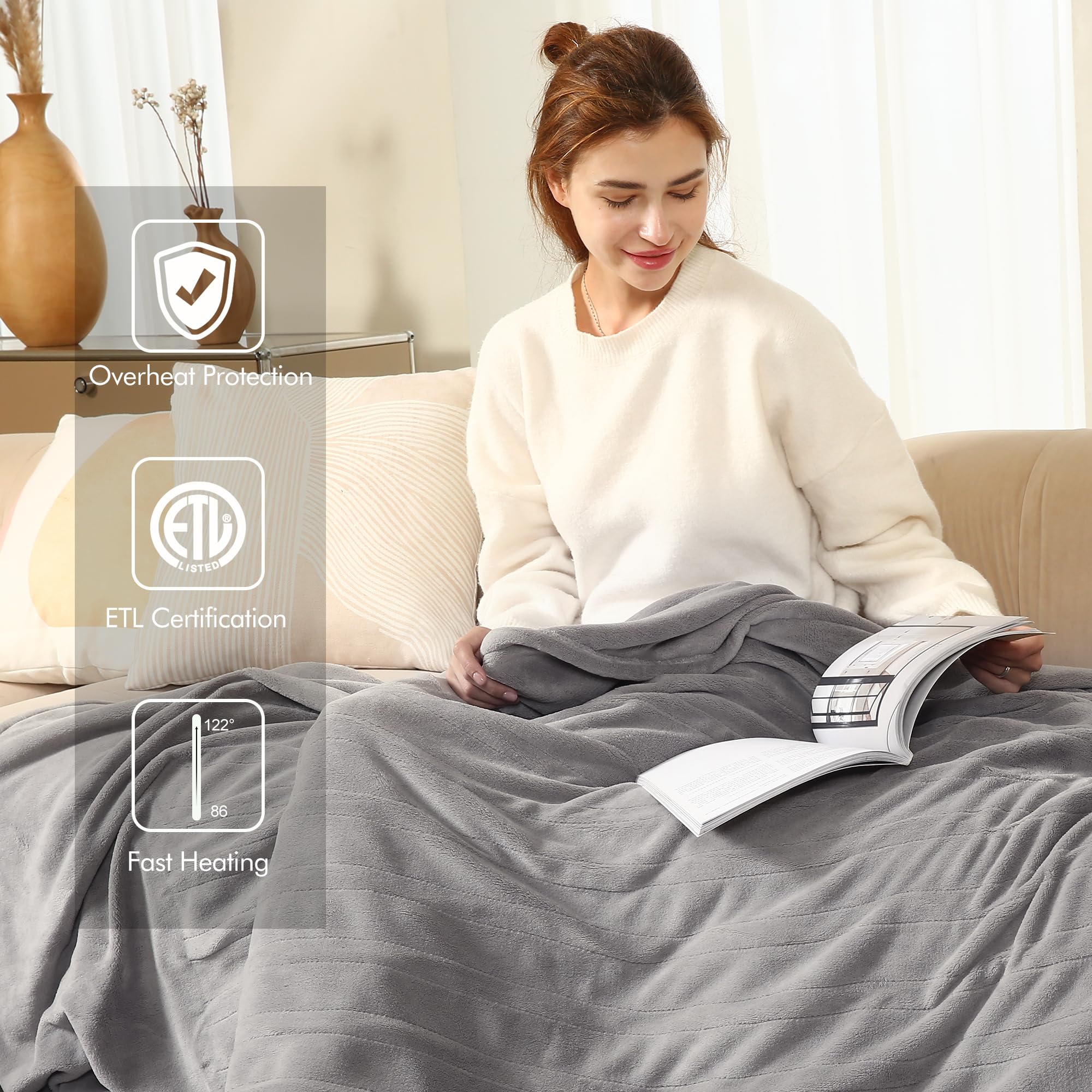 ESTINGO Heated Blanket Twin Size, Fast Heating Blanket with Extremely Cozy Plush, Electric Blanket with 5 Heating Levels & 10 Hours Auto Off for Bedroom Office Couch, 62"x84", Light Gray