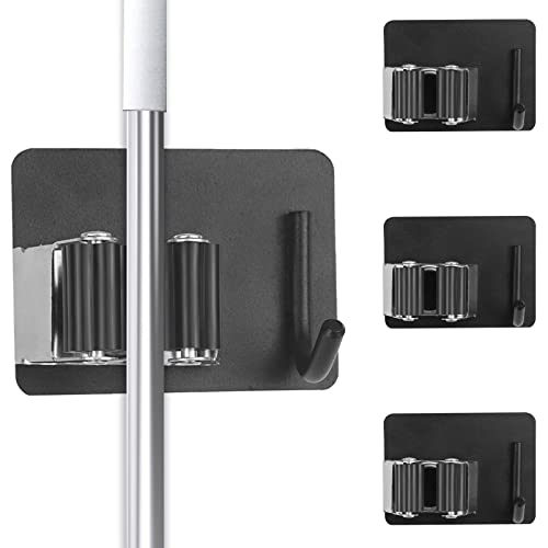 PMIIO 4 Pack Broom Holder Wall Mount, No punching, Upgraded Stainless Steel Broom Holder, Self Adhesive Broom Hanger Gripper for Bathroom, Kitchen, Garage Laundry Room Storage - Black