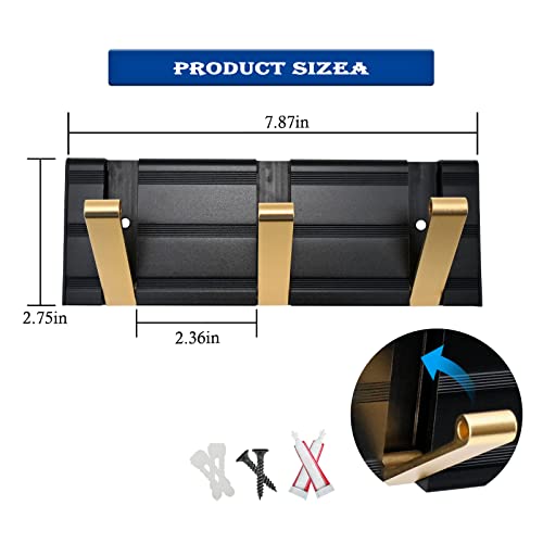 Potaosey Black Gold Wall Coat Rack, Modern Wall Mounted Coat Rack with 3 Hook,Folding Wall Hooks Rack for Bathroom, Bedroom, Entryway,Coat,Hat