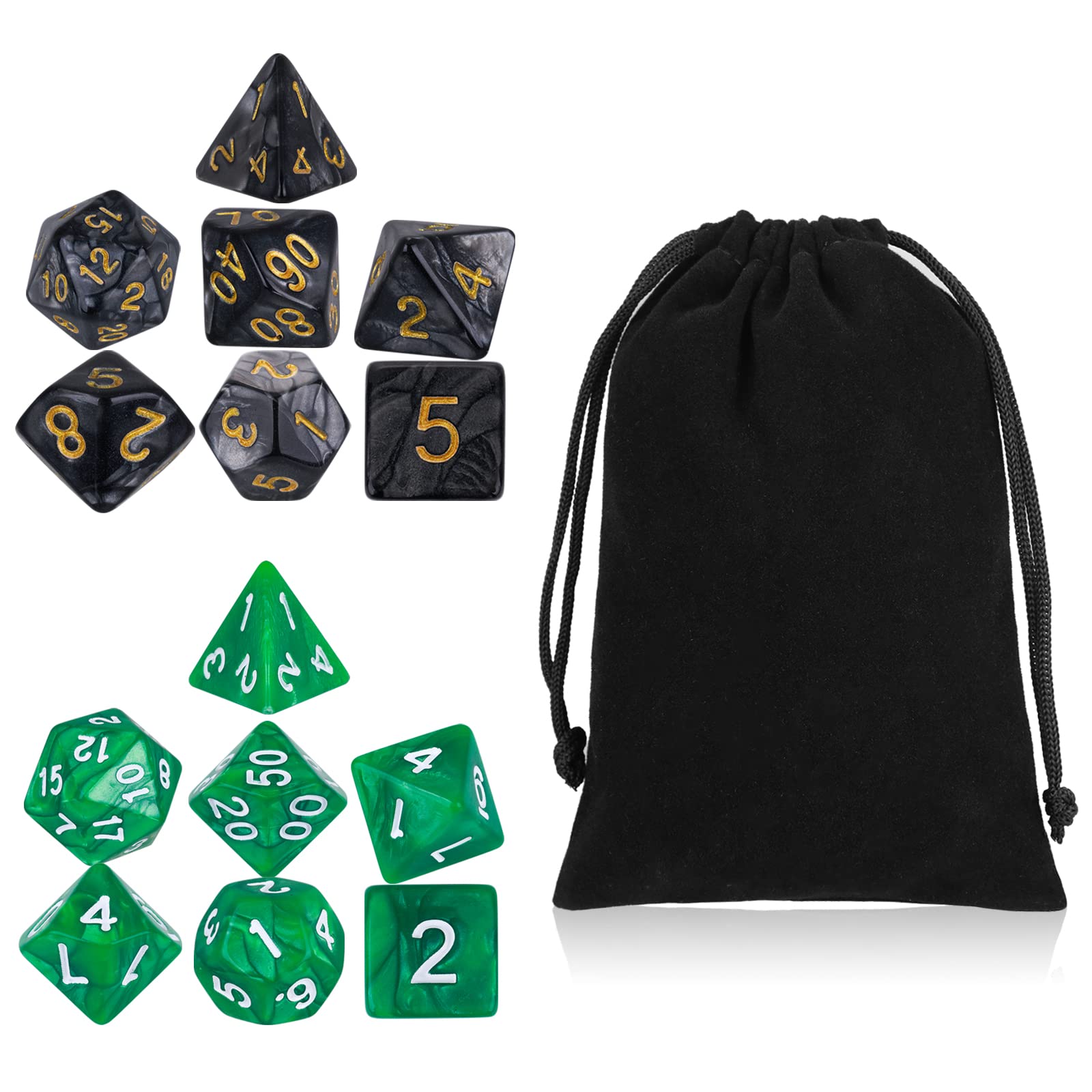 Grevosea 2 Set DND Dice, 14 Pieces Polyhedral Dice Set Table Game Dice with Drawstring Bags D4 D6 D8 D10 D% D12 D20 Multisided Dice for DND MTG RPG Role Playing Dice Games(Green, Black)