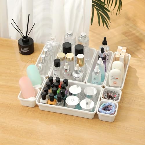 Famhap 16 PCS Desk Drawer Organizers, Versatile Bathroom and Vanity Drawer Organizer Trays, Storage Bins for Makeup, Bedroom, Kitchen Gadgets Utensils and Office(White)