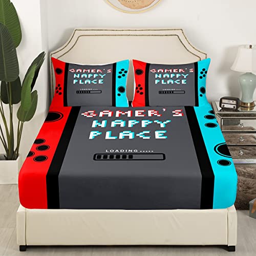 Gamer Sheet Set King Size Video Game Gamepad Bed Sheets Set Bedroom Novelty Modern Game Controller Decor Sheets with Deep Pocket Fitted Sheet Women Men Game Room Decor Bedding Set With 2 Pillow Case