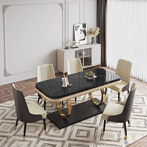 POVISON Dining Table, Black Modern Dining Table for 6, 63'' Rectangular Dining Table with Marble Top for Kitchen & Dining Room, with Unique Stable Luxury Pedestal
