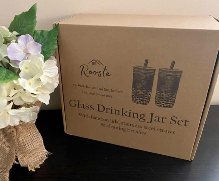 Glass Drinking Jar Gift Set w/Bamboo Lids & Stainless Straws - 7" Tall, Large 24oz in Ball Mason Jar Style. Includes Cleaning Brush. Fun, Reusable, Great for Guests