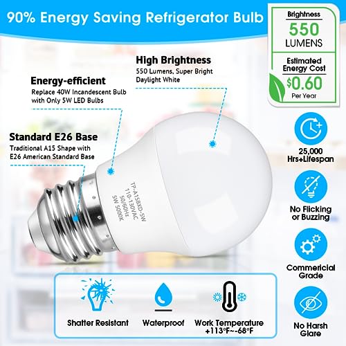 Maylaywood LED Refrigerator Light Bulbs, 40 Watt Equivalent A15 Fridge Bulb Waterproof, Daylight White 5000K, 550LM, E26 Base, Non-Dimmable, 5W LED Appliance Bulb for Frigidaire Home Lighting, 2-Pack