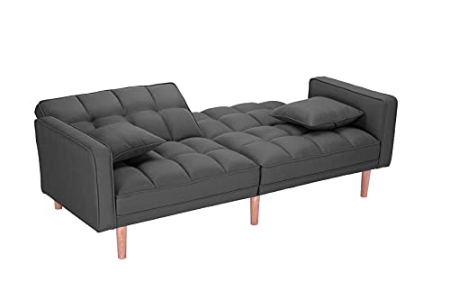 POCIYIHOME Futon Sleeper Sofa Adjustable Back and 2 Pillows, Upholstered Indoor Chaise with Conical Wood Legs, 2-Seater Recliner for Living, Bedroom,Office,Waiting Room, Polyester, Dark Gray