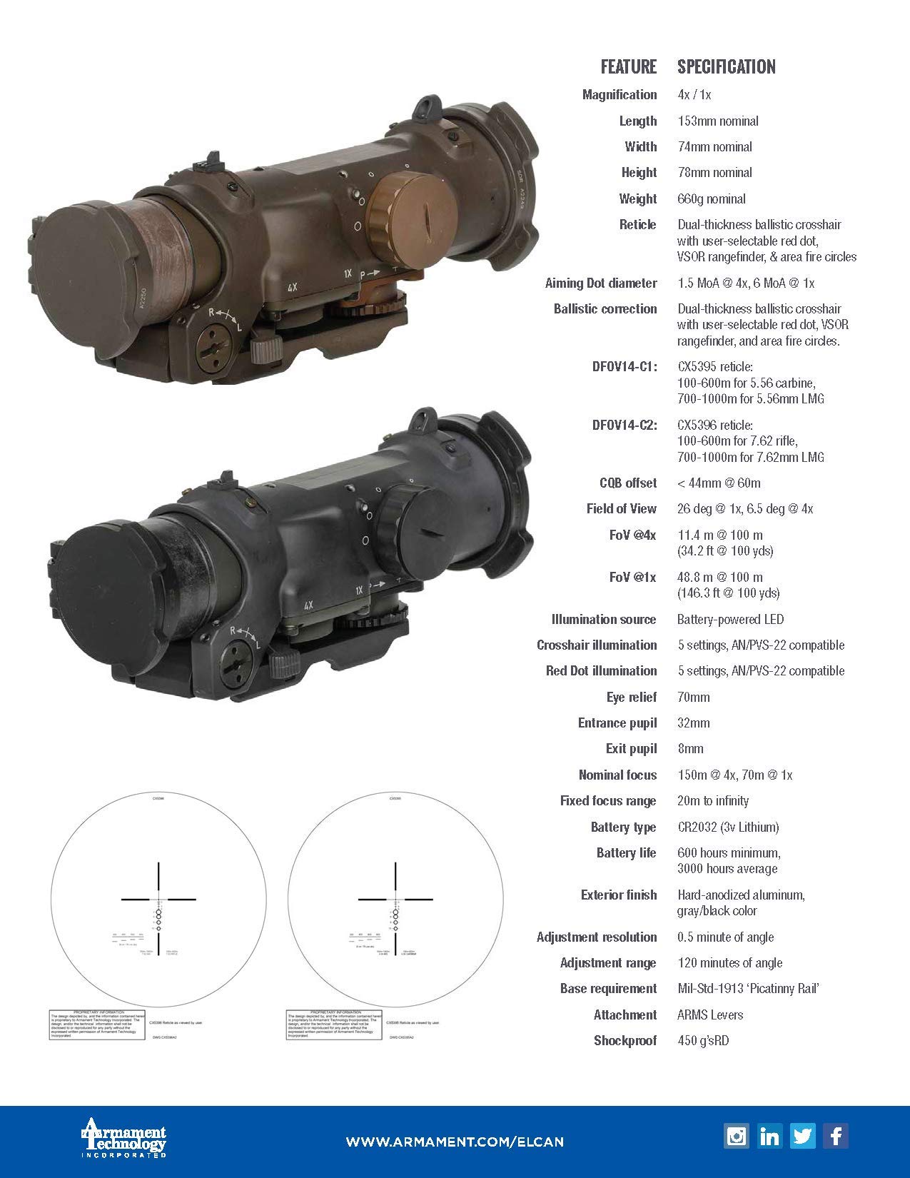 ELCAN SpecterDR 1x/4x Dual Role Optical Sight, 5.56 Ballistic Reticle with Anti-Reflection Device & Flip Covers (DFOV14-C1-X4)