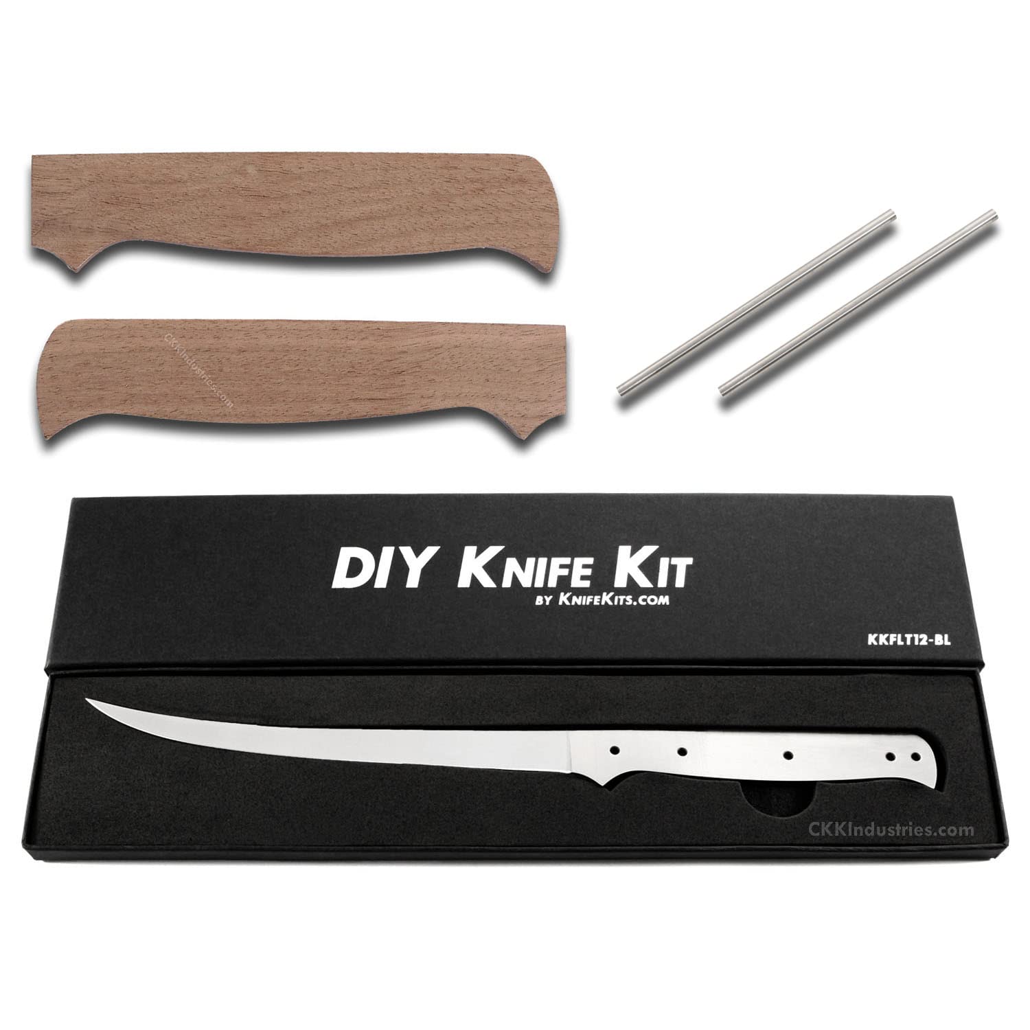EZSMITH Knife Making Kit - Fisherman's Filet - DIY Fixed Blade - (Blade Blank & Pinstock w/Walnut Handle Scales) - (Gift Boxed) - (USA Design) - (by KnifeKits)