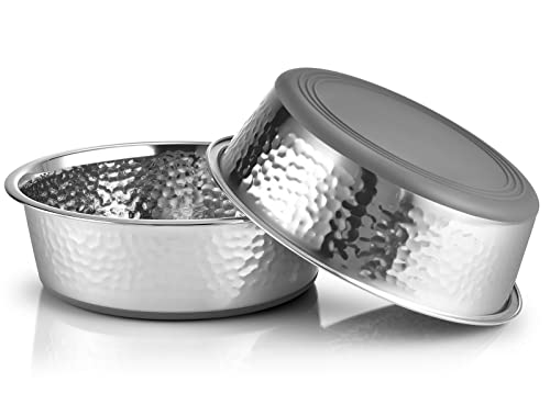 URBUDDIES 2 Pack Hammered Stainless Steel Dog Bowls, 4 Cup, Gray Bottom