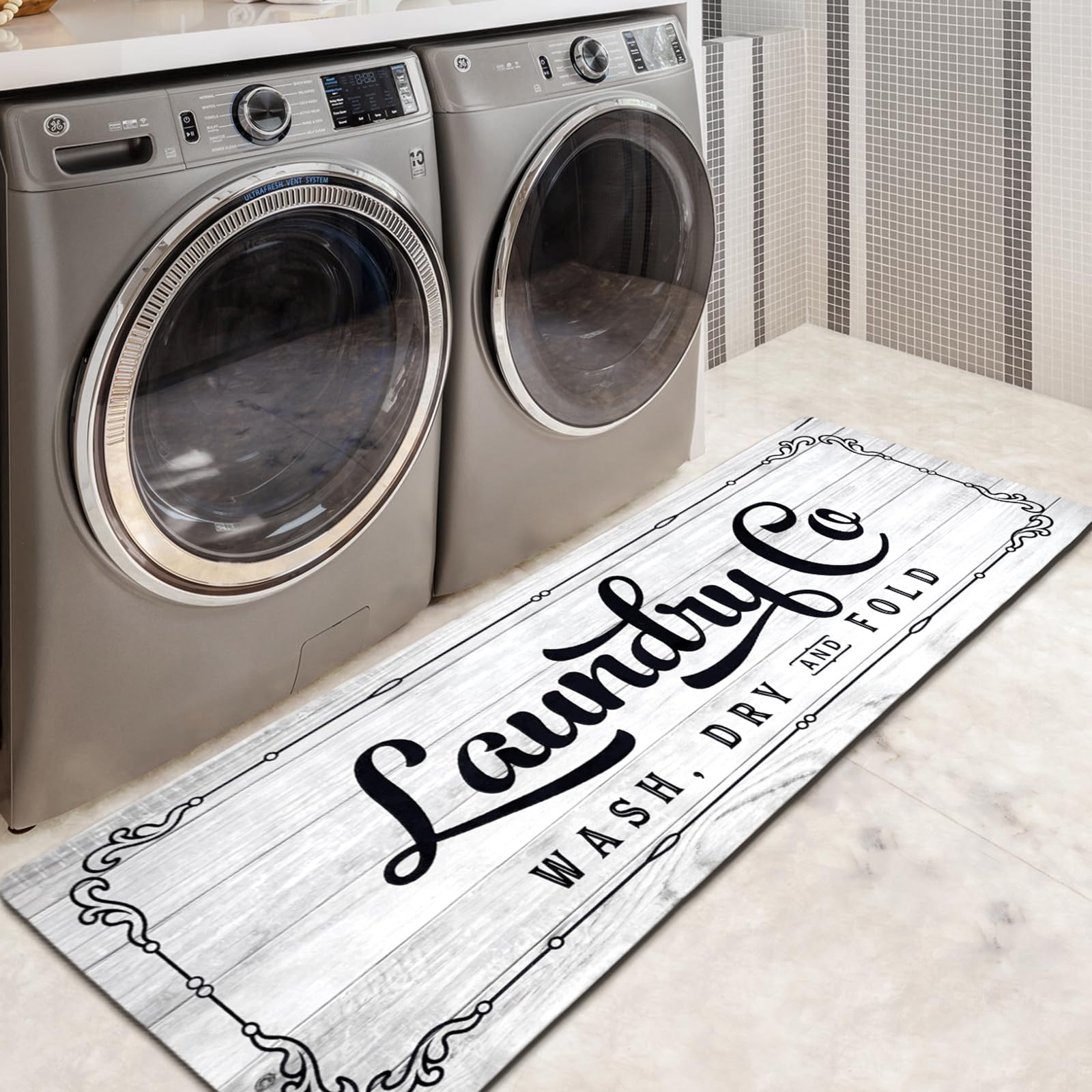 EARTHALL Laundry Room Rug Runner White 24"x60" Non Slip Waterproof Laundry Mats for Laundry Room Decor Washable Floor Laundry Rug for Laundry Room, Mudroom, Kitchen, Washroom