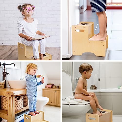 OOOK Step stools for Kids, 2-Step Stool with Non-Slip Stepping Surface and Handles, Toddler Step Stool Suitable for Kitchen and Bathroom Sink, Step Stool Cute Bear-paw Non-Slip mat…