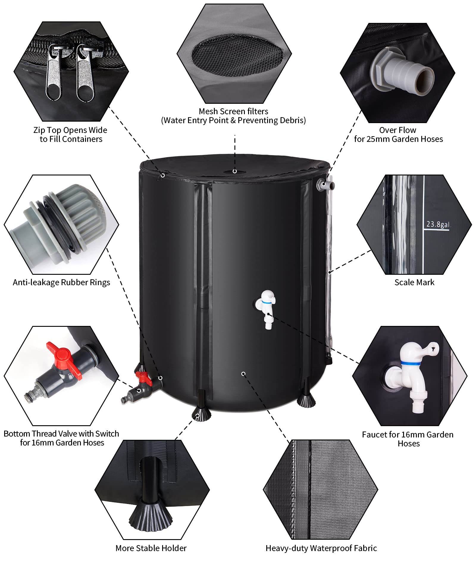 FAMIROSA Collapsible Rain Barrel, 53 Gallon Portable Rain Barrel, Rainwater Collection System for Garden Water Catcher Container, Rain Water Collection Barrel System with tick Marks, Black