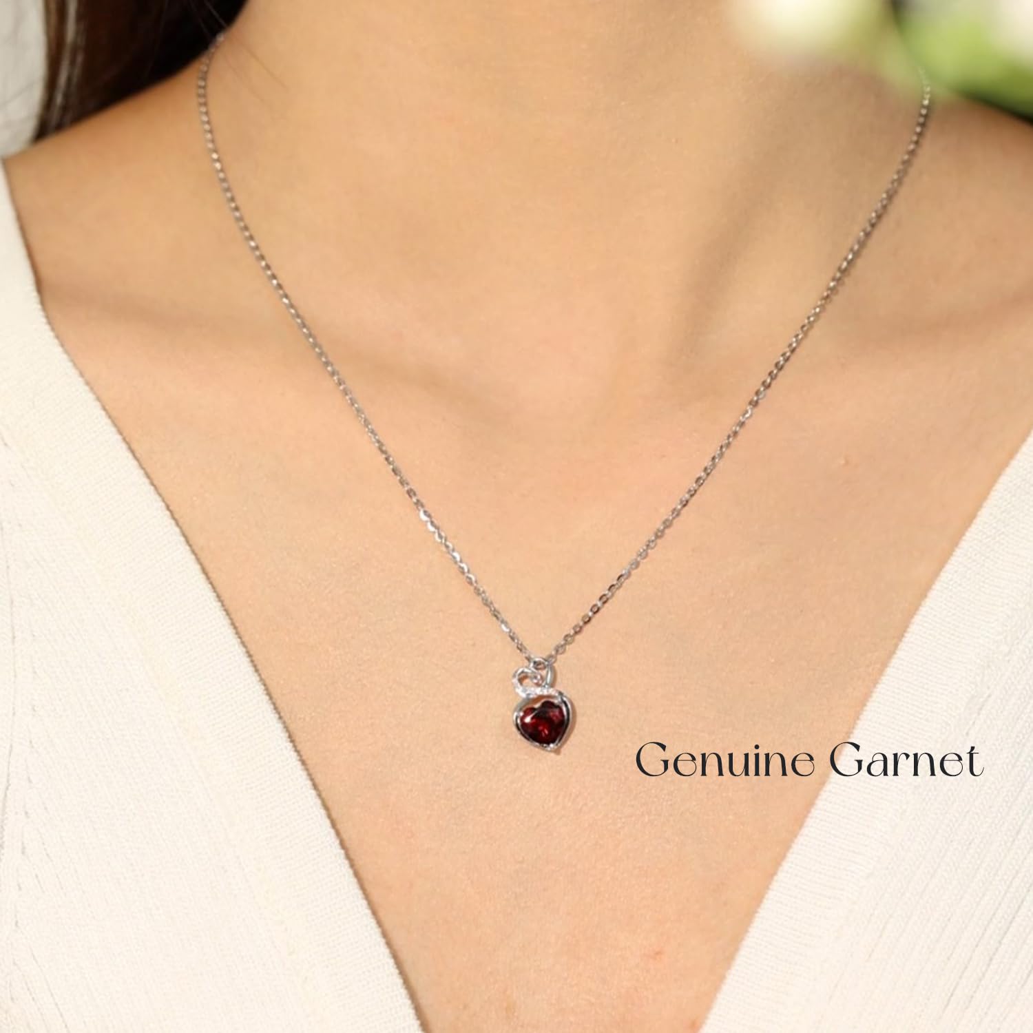 FANCIME 14K Solid White Gold Genuine Garnet Necklace January Birthstone 1.5 CT Gemstone Heart Necklace Small Dainty Fine Jewelry for Women 16β+2β Extender