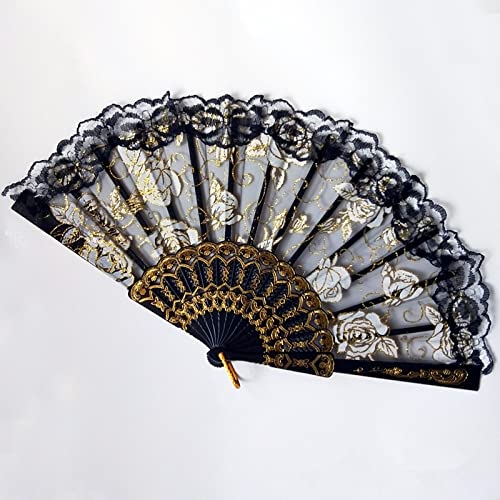 Folding Fan 1Pcs Chinese Style Folding Fan Lace Hand Held Rose Flower Folding Fan Dance Party Wedding Decor Ventilador Plegable Christmas Fan (Black)