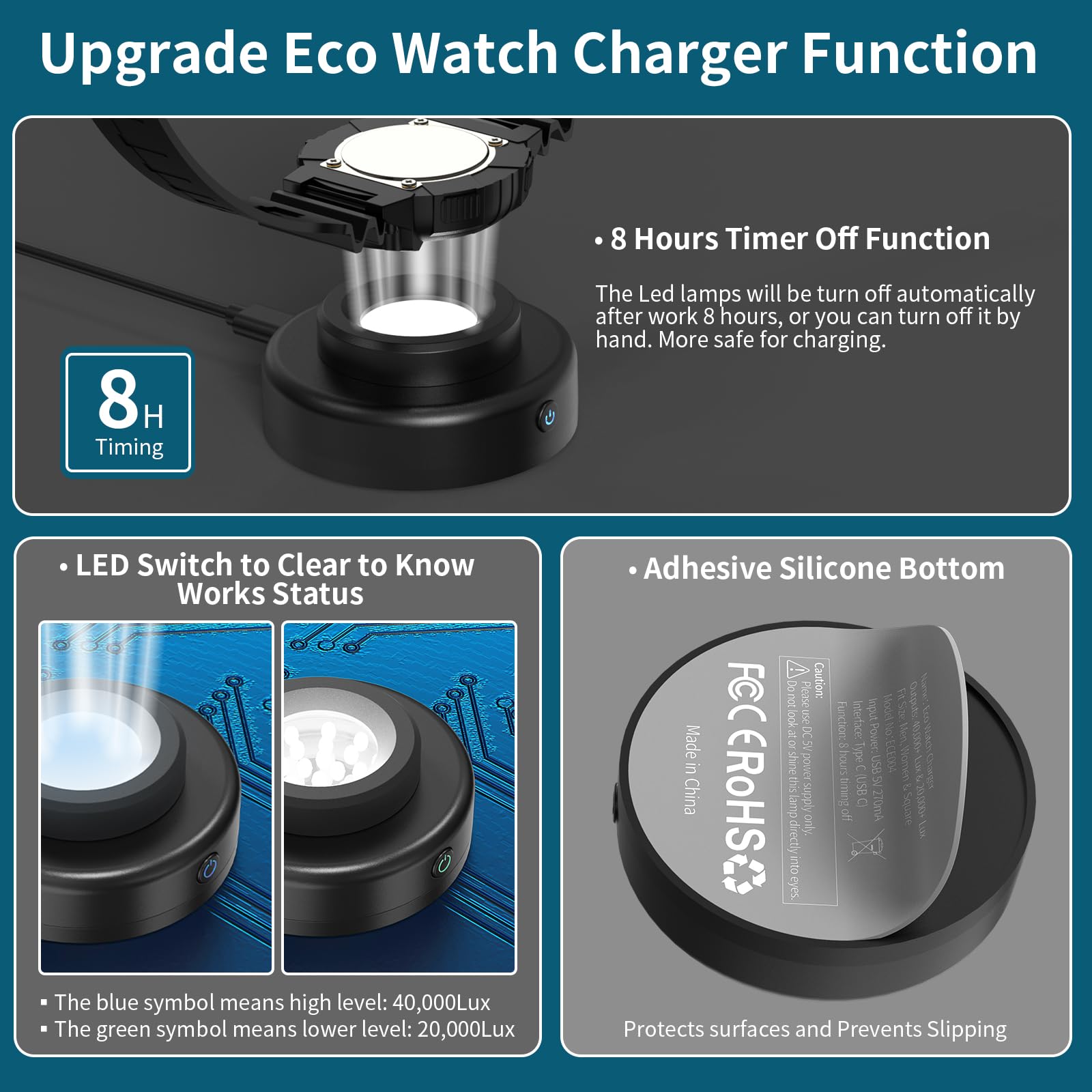 ECEEN Solar Watch Charger, 8 Hours Timing Off with Men, Women & Square 3 Caps, LED UV Light Charge Eco Driver Watches Compatible Casio/Tough/Protrek/Seiko/Citizen/Garmin/Timex/Bering/FANMIS (Black)