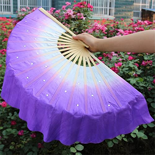 Folding Fan 2Pcs Chinese Short Bellydance Fan 30Cm Bamboo+10Cm Half Circle Silk Veil Pairs Yangko Dance Bamboo Fans Hand Dye Adults Fan (Blue Right Hand Only)