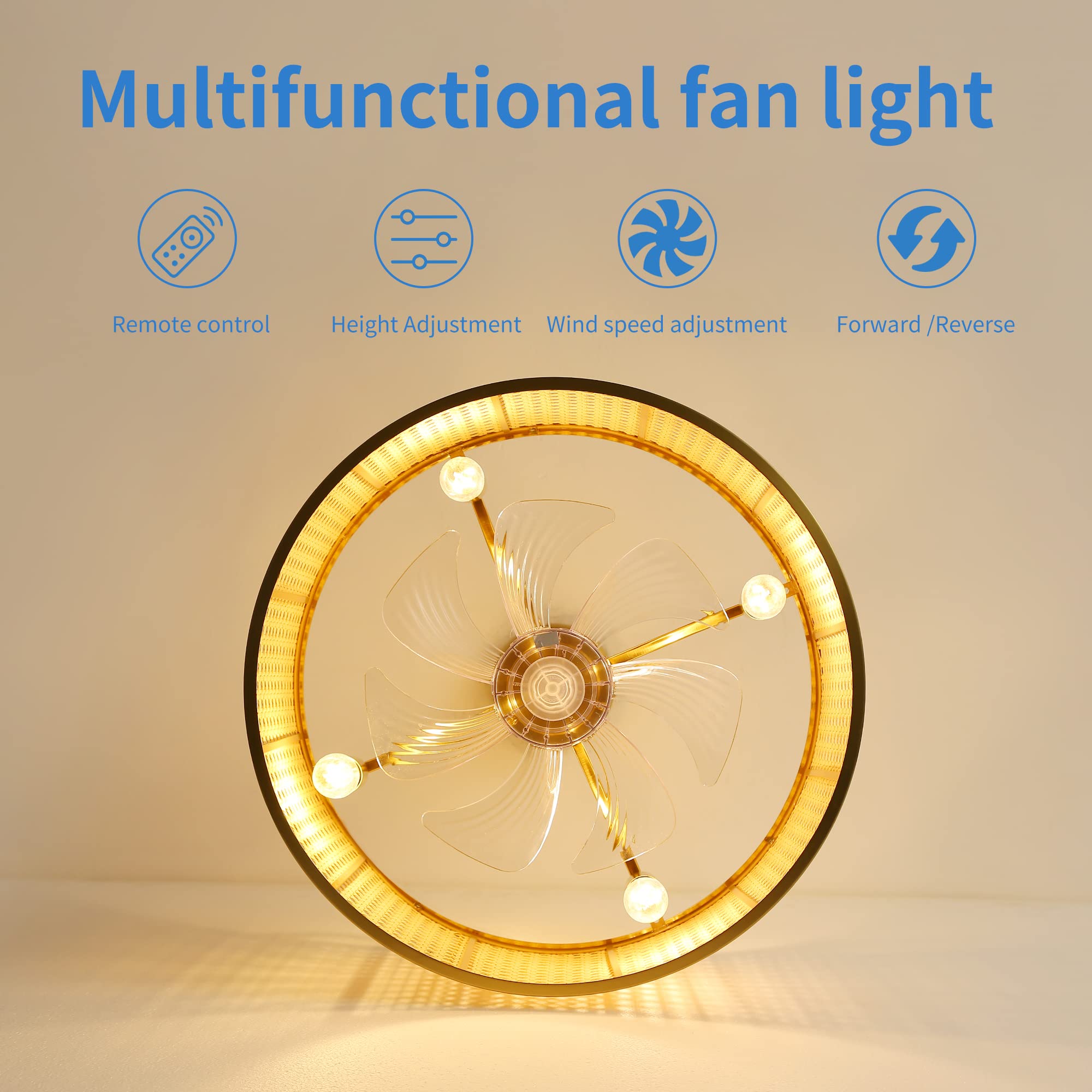 ELEHINSER Caged Ceiling Fan with Light and Remote Control, 12" Enclosed Flush Mount Rattan Ceiling Fan, Farmhouse Low Profile Ceiling Light Fixtures Fandelier Bladeless Fan for Bedroom, Kitchen