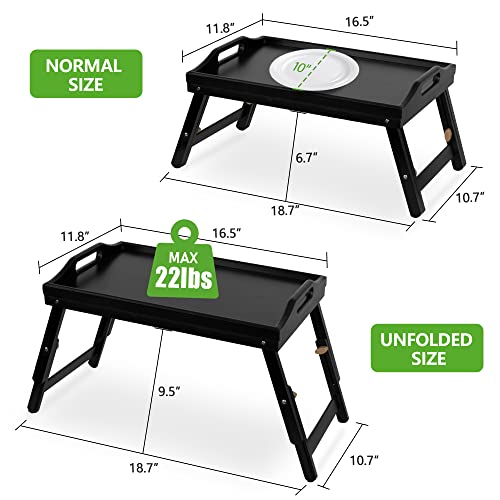 Mayyol Breakfast Bed Tray for Eating - Height Adjustable Raised Food Table - Bamboo Serving Tray on Lap Sofa - Portable Snack Platter with Folding Legs Ideal for Bedroom, Picnic - Black