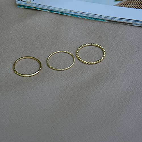 espere 18K Gold Plated Sterling Silver Stacking Ring Set of 3 | Thin Beaded Ring Twisted Rope Band Hammered Ring | Minimalist Spacer Rings | Delicate Eternity Gold Band