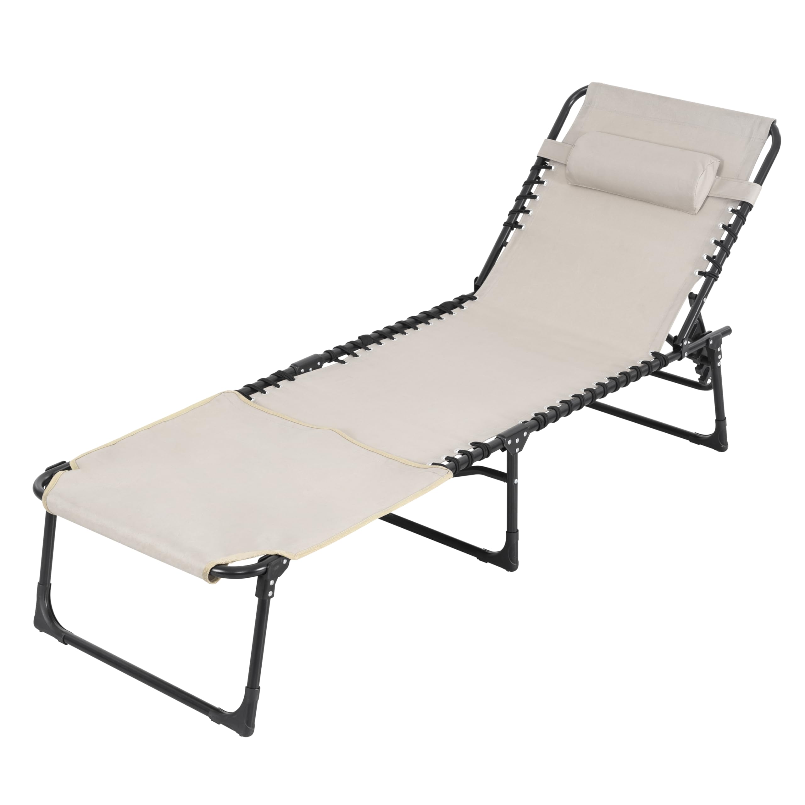 NUU GARDEN Folding Oxford Chaise Lounge Chair, Patio Tanning Chair with Face Hole Adjustable 5-Position Folding Chaise Lounge Chairs, Reclining Lounge Chair with Pillow for Beach, Patio, Pool, Khaki