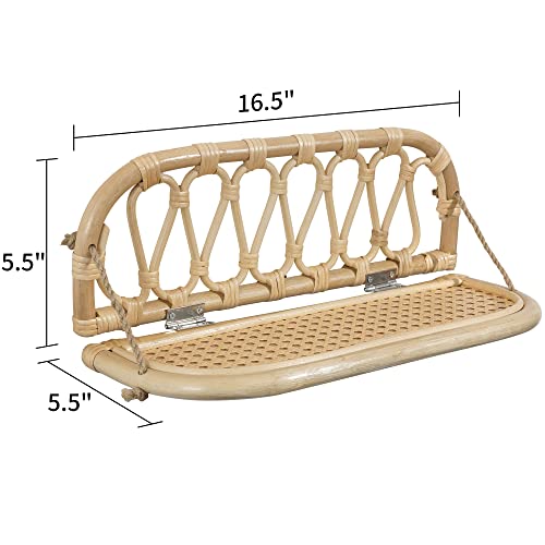 Mazjoaru Wall Shelves Rattan Shelf 16.5inch Handmade Boho Wall Decor Floating Rustic Decor for Bathroom Nursery Bedroom, Wall Mounted Natrual Rattan and Wood Storage Hanging Shelves