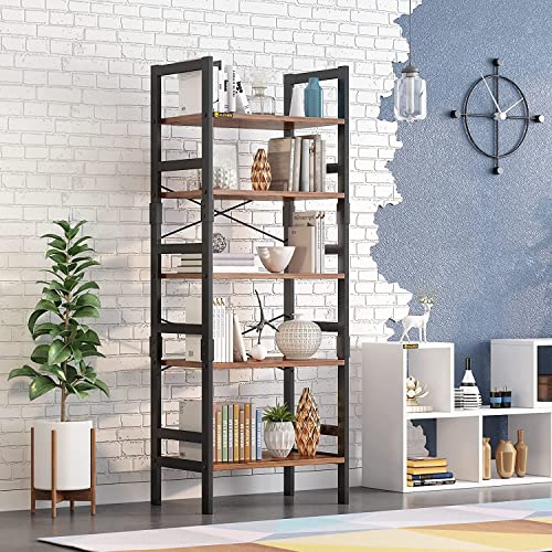 MIN WIN 5 Tier Bookshelf Bookcase, 68.9” Tall Industrial Wooden Bookcase Shelf Storage Organizer, Modern Book Shelf Display Rack with Metal Frame for Home Office, Balcony, Vintage