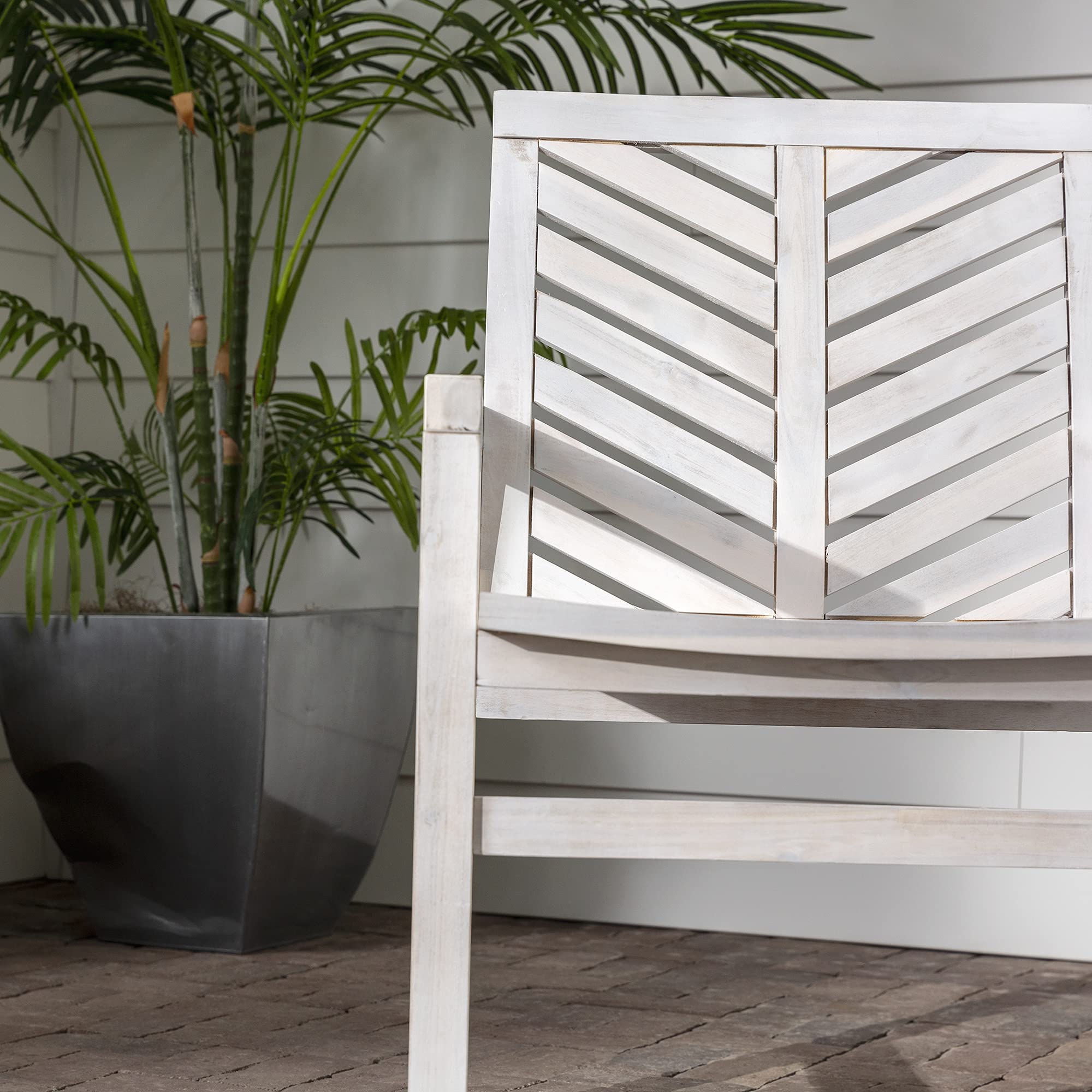 Walker Edison AZWC2VINWW Avalon Chevron Solid Acacia Wood Outdoor Chair, White Wash