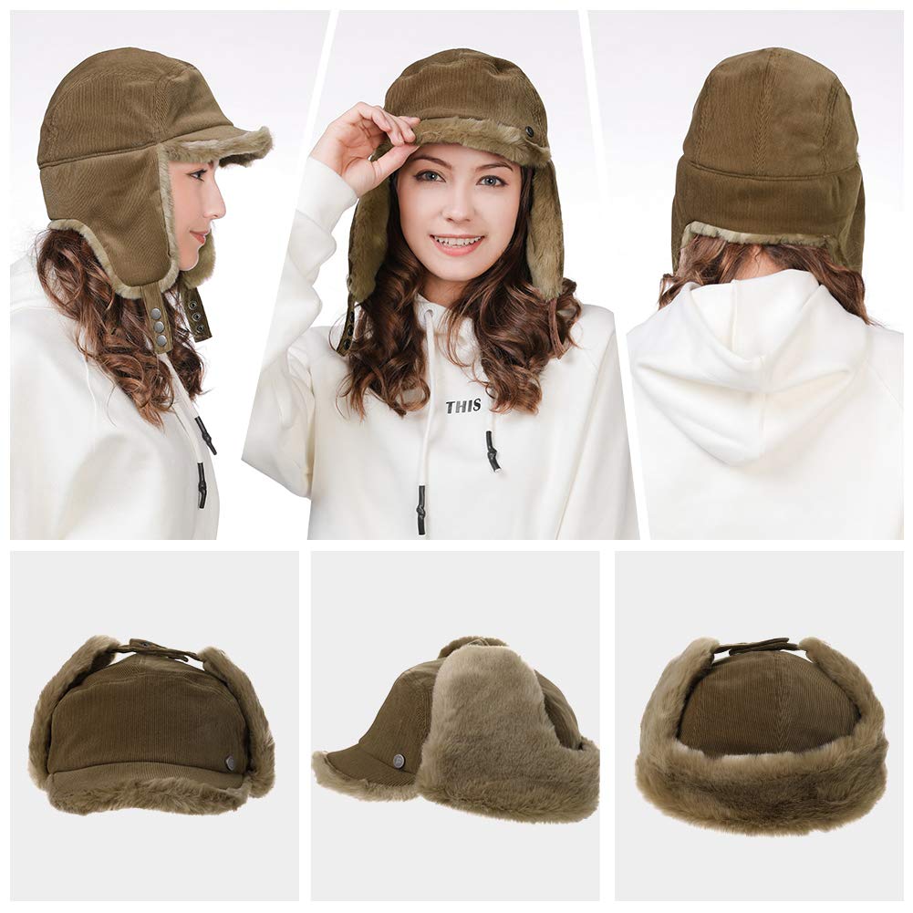 Fancet Womens Winter Fitted Faux Fur Corduroy Earflap Dad Elmer Fudd Hat Baseball Cap Brown
