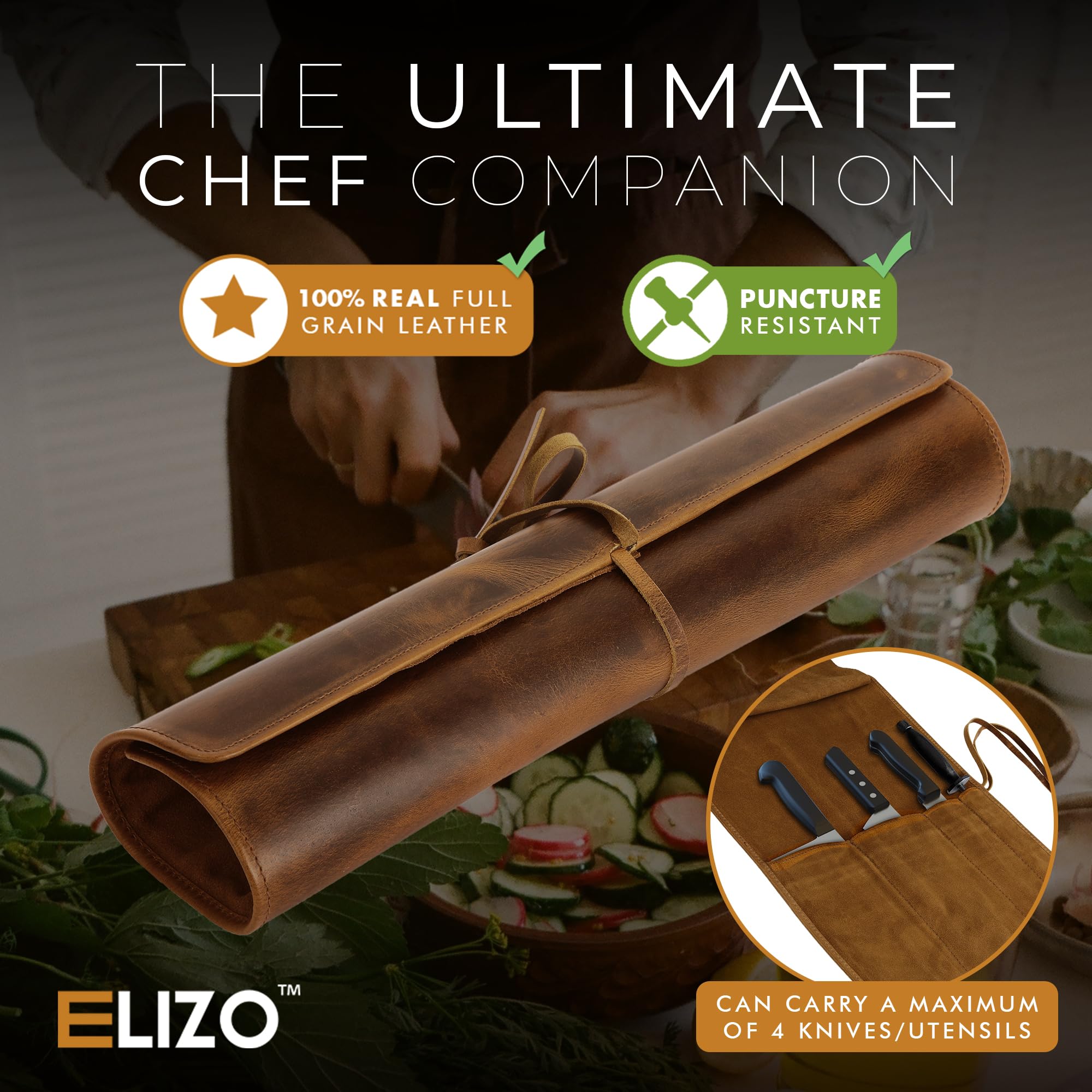Genuine Buffalo Leather Knife Roll Set Chef's Knife Holder Cutlery Sheath Artist Case Organizer Storage bag Travel Friendly Gift for Men & Women - Teak