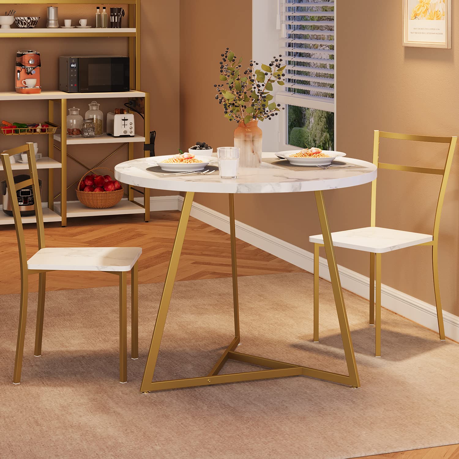 Fancihabor Round Dining Table Set for 2, Kitchen Table and Chairs for 2, Dining Room Table Set, 3 Piece Dining Table Set for Small Space, Apartment, Studio, Marble White Gold
