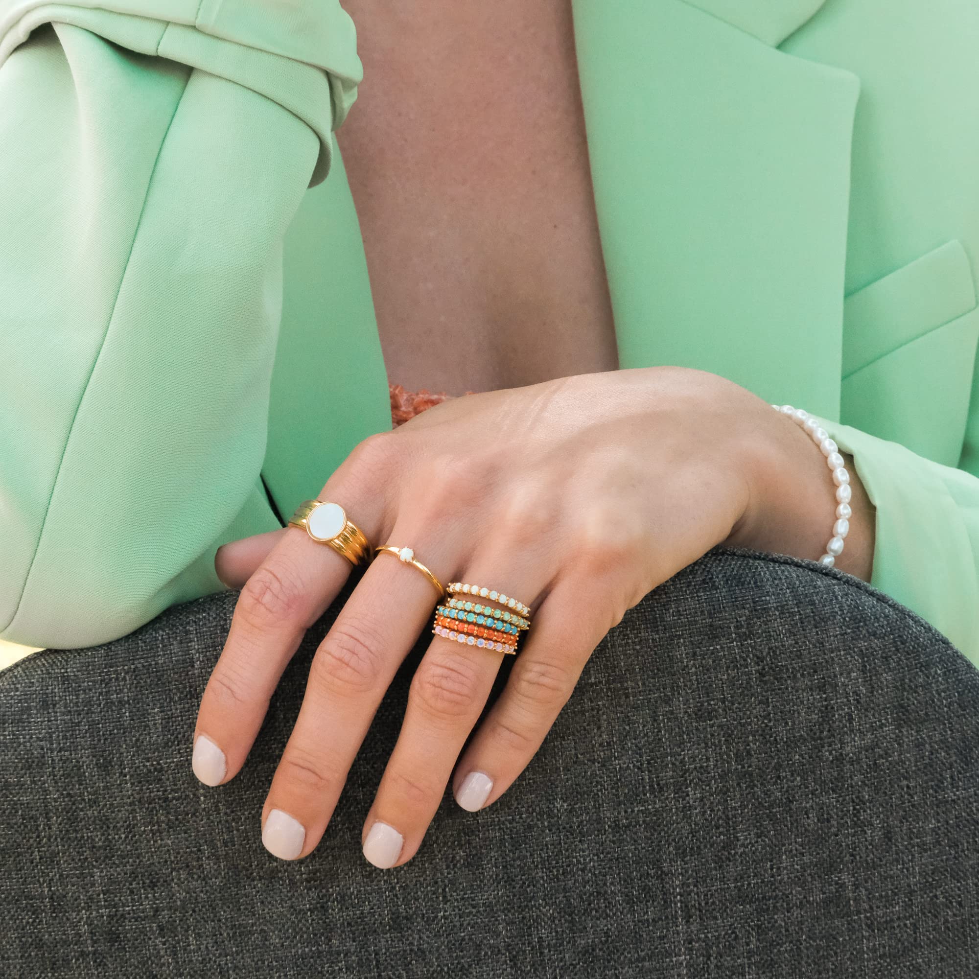 espere Turquoise Blue Opal Ring | Dainty Half Eternity Band with Simulated Opal Gemstones | Minimalist Jewelry Gift for Her [Size 8]