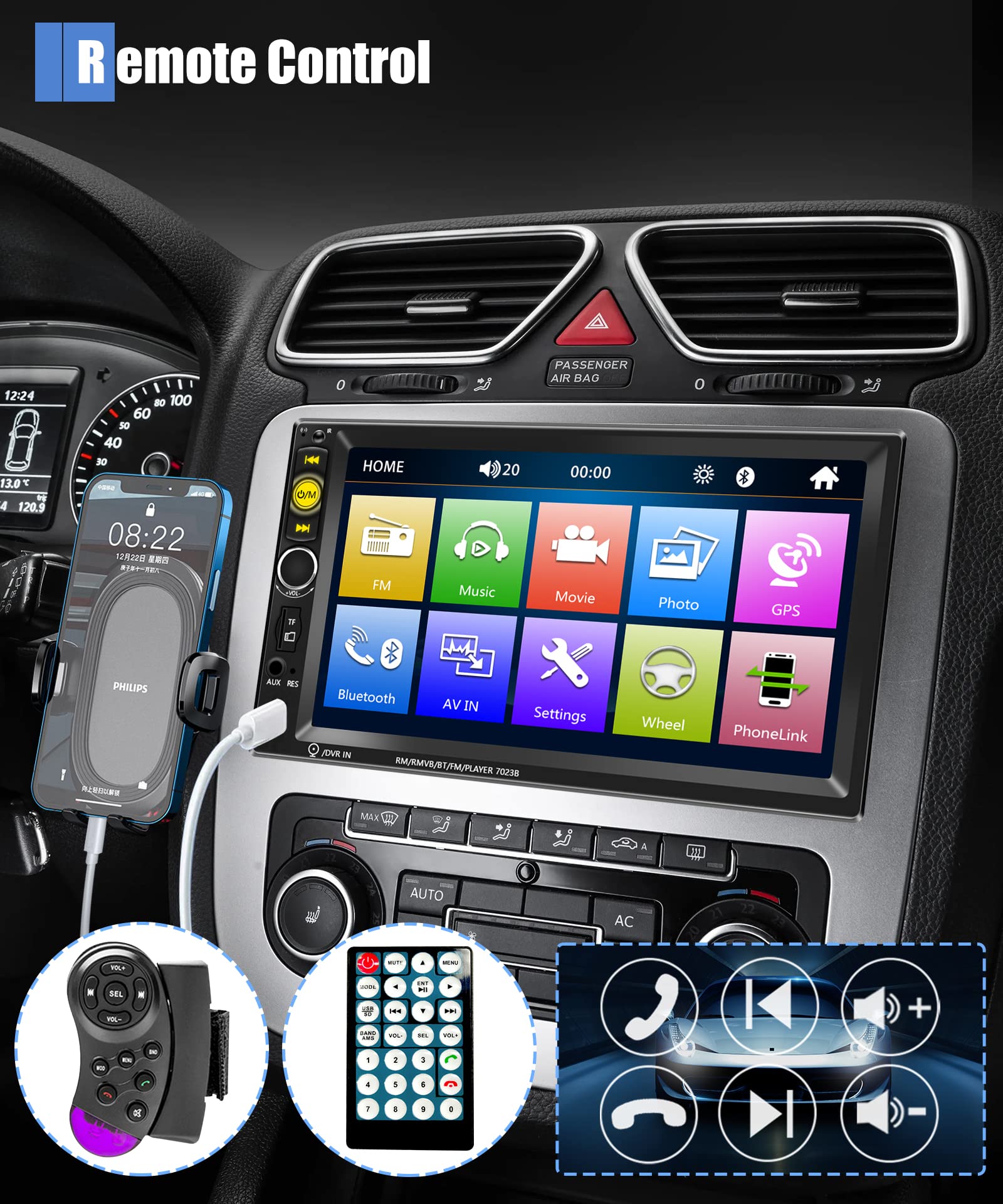 Double Din Car Stereo Car Radio with Bluetooth 7 Inch Touch Screen FM Radio Mirror Link USB 2 Din Car Audio Receiver Remote Control Steering Wheel Control Backup Camera
