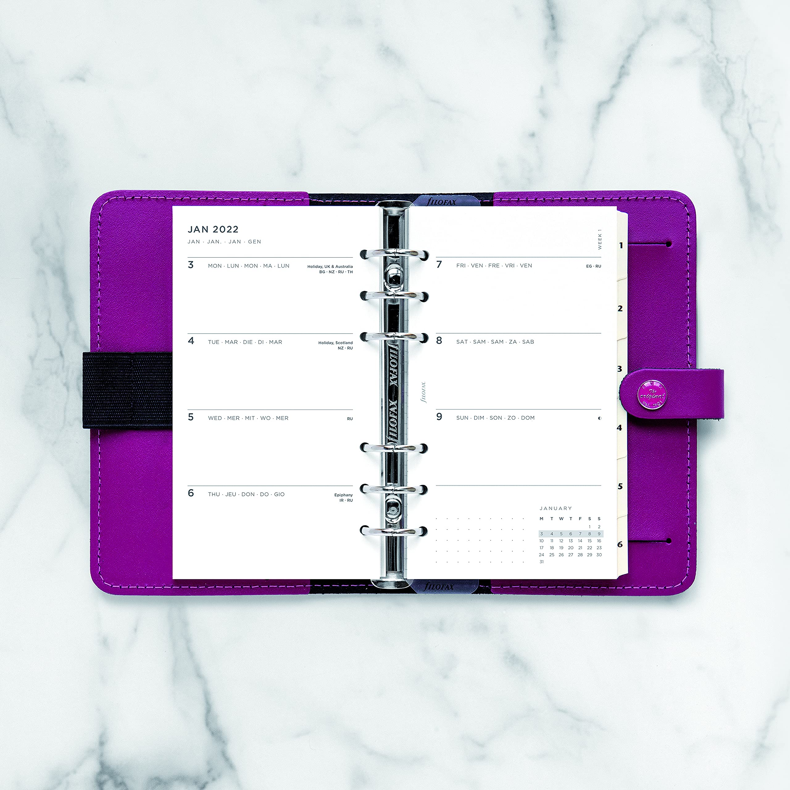 Filofax Refill, Personal/Compact Size, Week-to-View, Minimal Diary Pack, White Paper, Multilingual: Five Languages, 2022 (C68490-22)