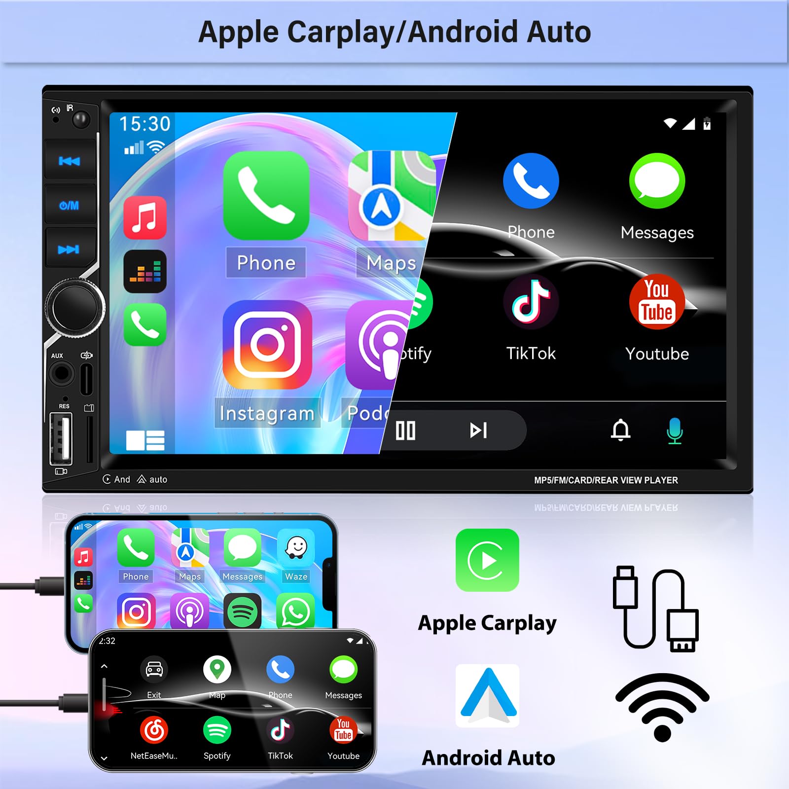 Double Din Car Stereo with Wireless Apple Carplay&Android Auto,7 Inch Touch Screen Car Radio with Bluetooth FM Radio Mirror Link EQ AUX/USB/TF Car Multimedia Player+ Backup Camera&External Microphone