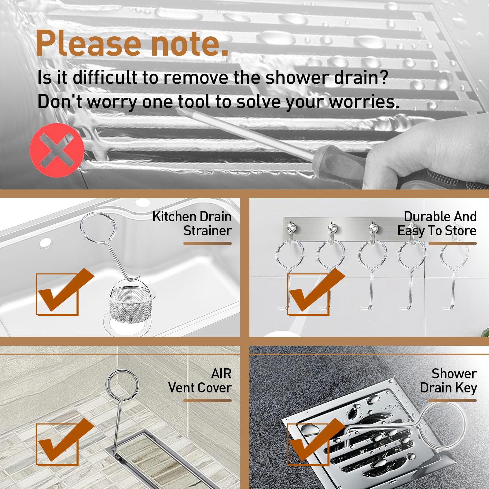 Drain Key Lifting Hooks - 5 Pack 304 Stainless Steel Drain Grate Puller Lift Out Key for Easy Shower Drain Cleaning, Silver