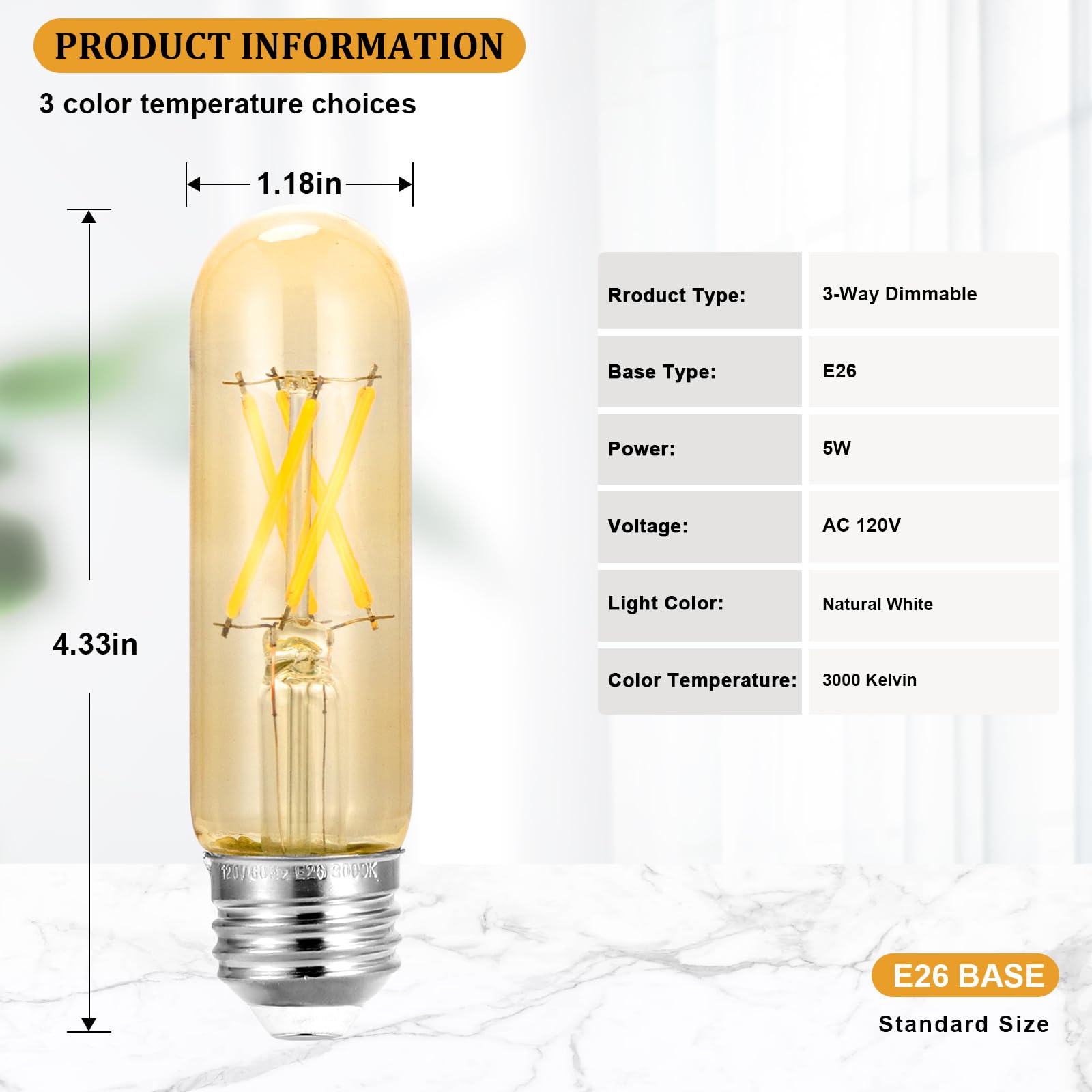 Seealle T30 Led Bulb, 3-Way Dimmable T30 Vintage LED Bulb, Natural White 2700K, E26 Base, AC 120V, 5W Edison Lights Bulbs for Living Room Table Lamp, 1 Pack