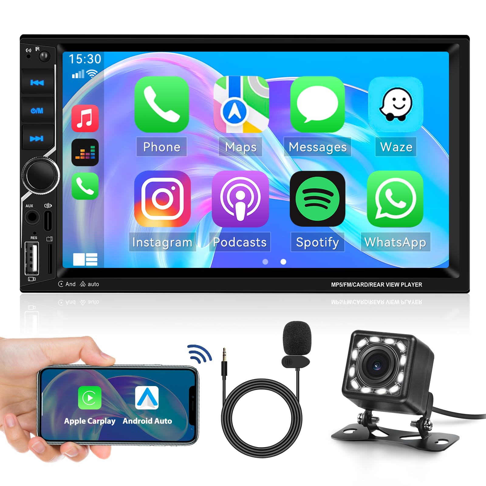 Double Din Car Stereo with Wireless Apple Carplay&Android Auto,7 Inch Touch Screen Car Radio with Bluetooth FM Radio Mirror Link EQ AUX/USB/TF Car Multimedia Player+ Backup Camera&External Microphone
