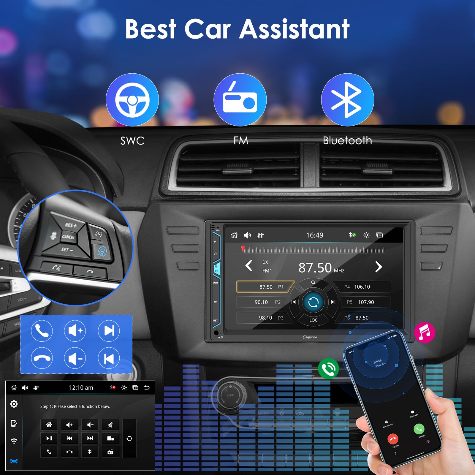Double Din Car Stereo-Carpuride 7 Inch Touchscreen Car Radio with Backup Camera,Bluetooth,Wireless Carplay/Android Auto,Voice Control,FM Radio, Mirror Link, Steering Wheel Control(SWC)/USB/TF/AUX