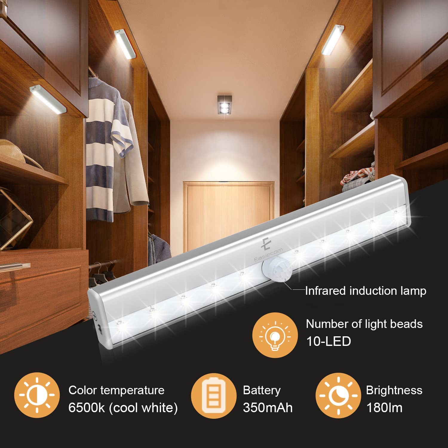 Easiecom Under Cabinet Lights Wireless, USB Rechargeable 10-LEDs Closet Lights with Motion Sensor, LED Under Counter Lights for Kitchen Closet Hallway Stairway (4 Pack)