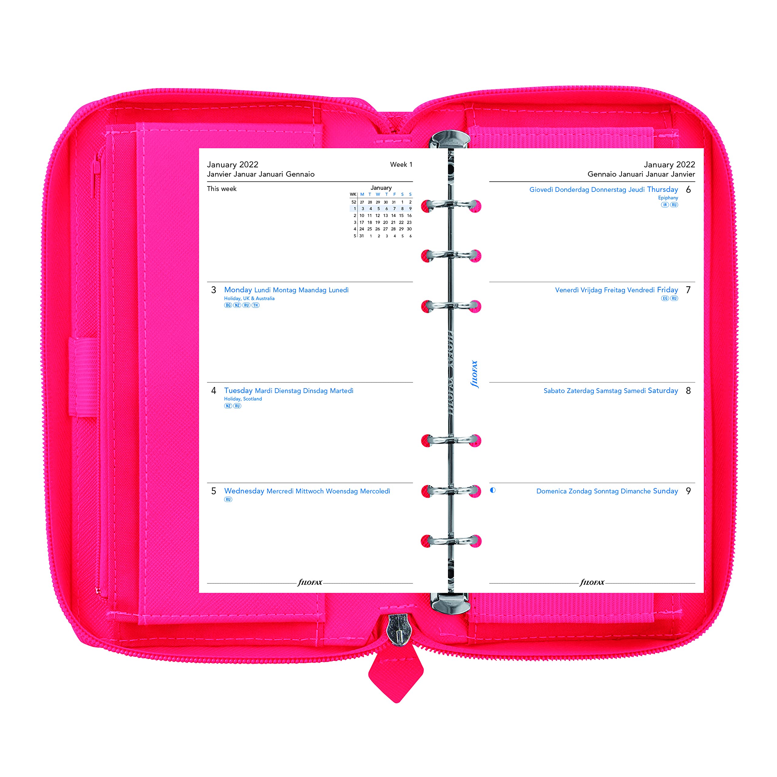 Filofax Saffiano Fluoro Zip Organizer, Personal Compact Size, Fluoro Pink - Cross-Grain, Leather-Look, Six Rings, Week-to-View Calendar Diary, Multilingual, 2022 (C028751-22)