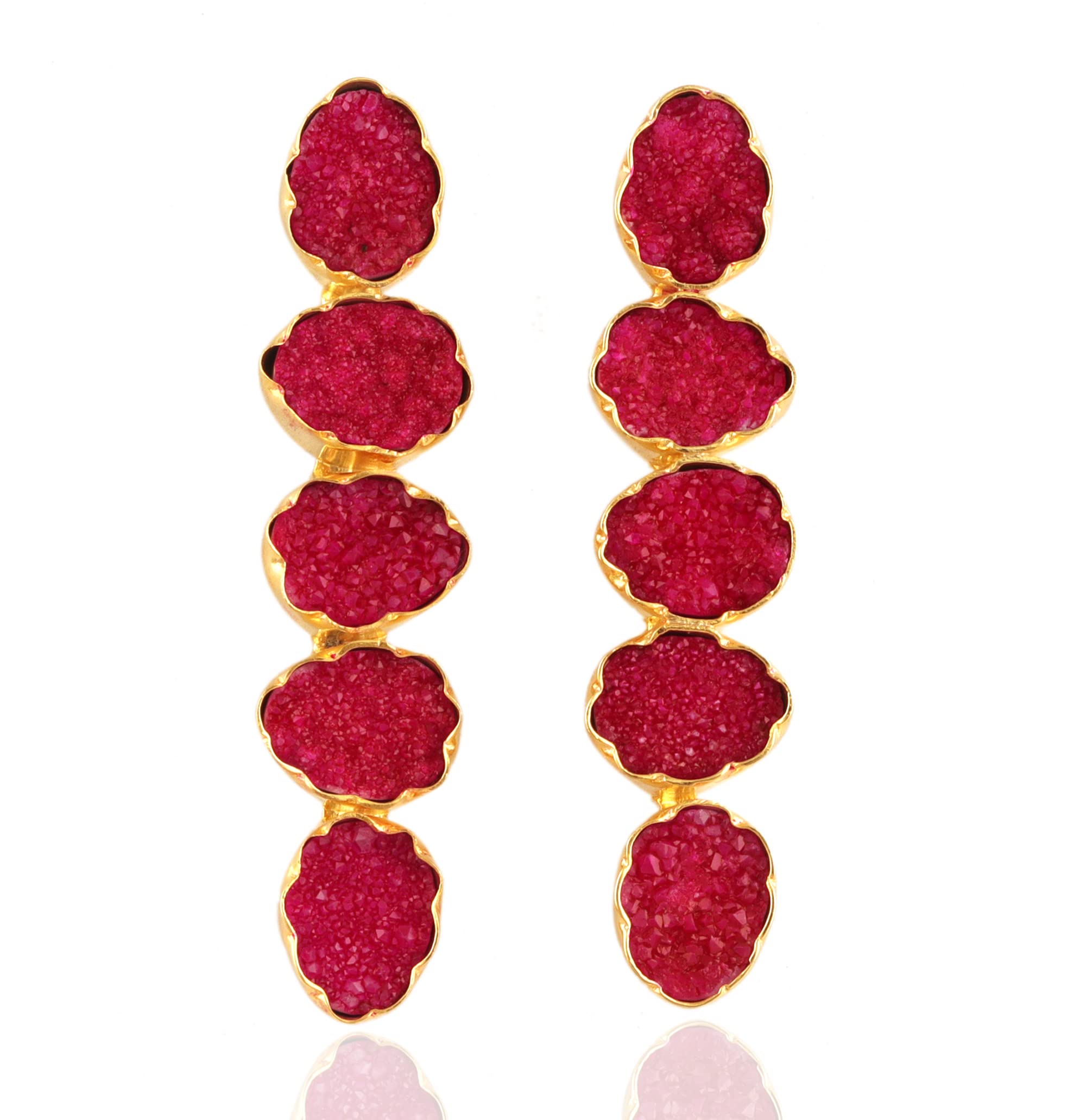 Guntaas Gems Beautiful Long Red Agate Druzy Brass Gold Five Gemstone Stud Dangle Earring For Gift Jewelry