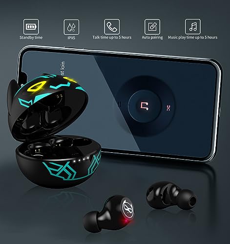 Togetface Kids Wireless Earbuds for Small Ears, Touch Control Headset Stereo Sound in-Ear Headphones, Bluetooth 5.1 Noise Reduction Earphones with Black Blue Cartoon Blinking Eyes Charging Case