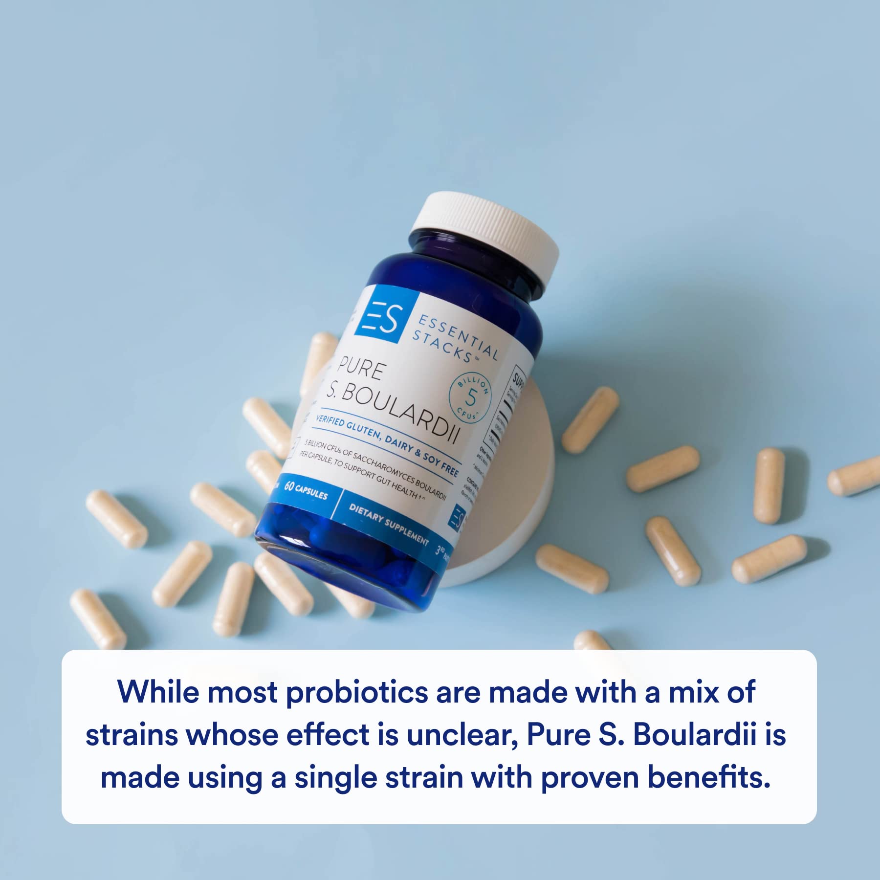 Essential Stacks Saccharomyces Boulardii Probiotics (Non-GMO & Gluten Free) - 5 Billion CFUs for Gut Health (60 Capsules)