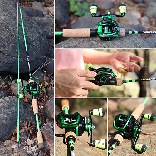 One Bass GT Spinning & Casting Reel and 2-Piece Fishing Rod Combo, Durable Graphite Rod, Ultra Light Fishing Reel for Anglers and Beginner- 7' Casting Pole with Right Handed Baitcasting Reel