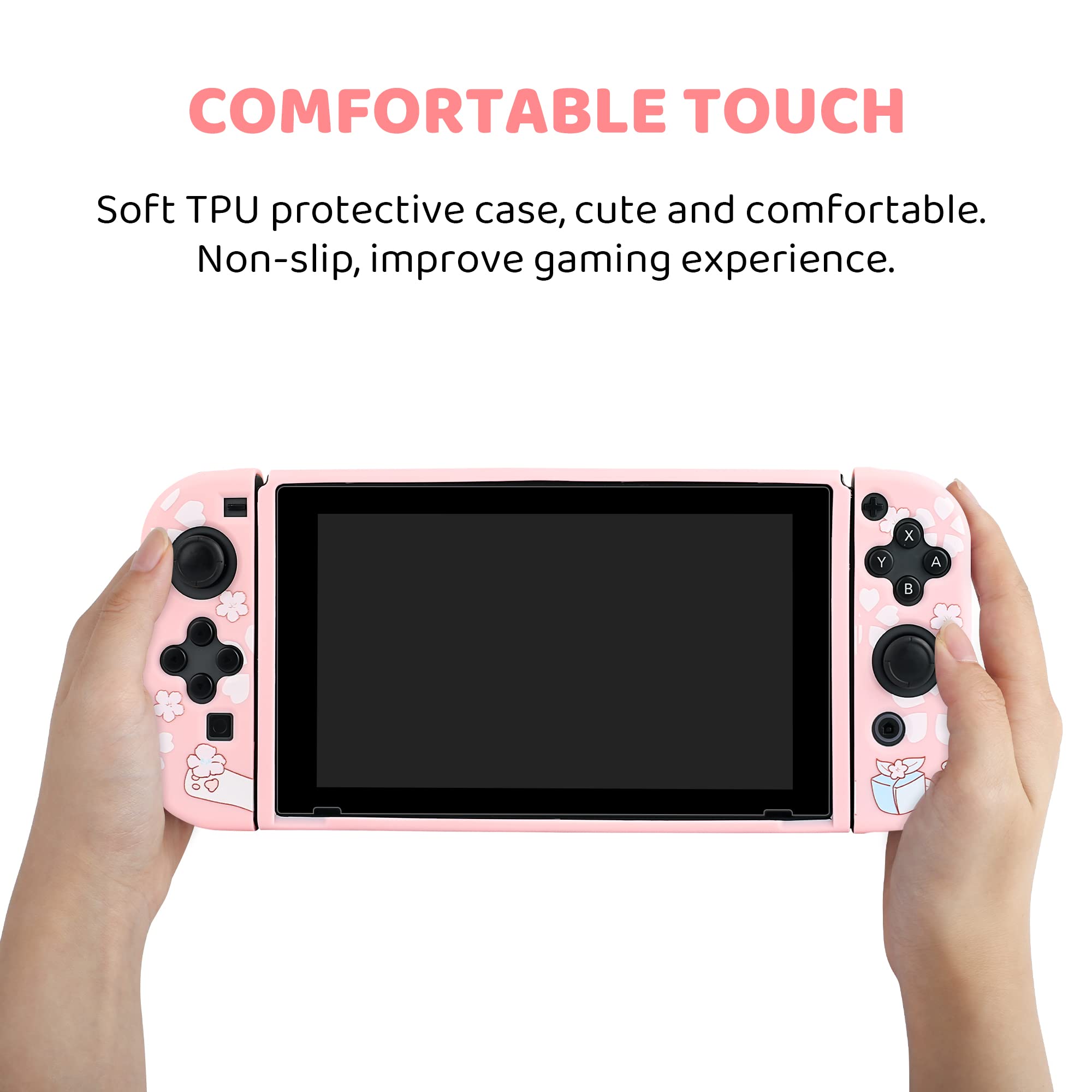 FANPL Pink Cute Case for Nintendo Switch, Soft TPU Protective Case Compatible with Switch Console and Joy Con Controller, Kawaii Switch Skin Accessories for Girls - Sakura Cat Pattern