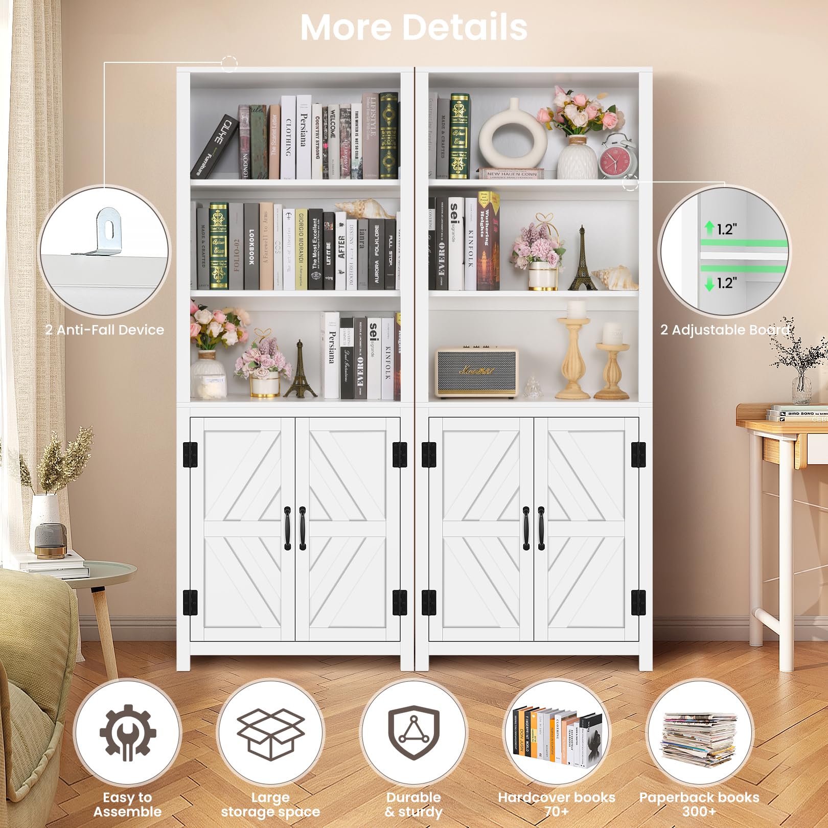 SEJOV Bookshelf 5 Tier Tall Bookcase with Doors Storage and 3-Tier Open Shelves Wood Farmhouse Bookshelves Cabinet Organizer for Living Room, Study, Kitchen, Home Office, White