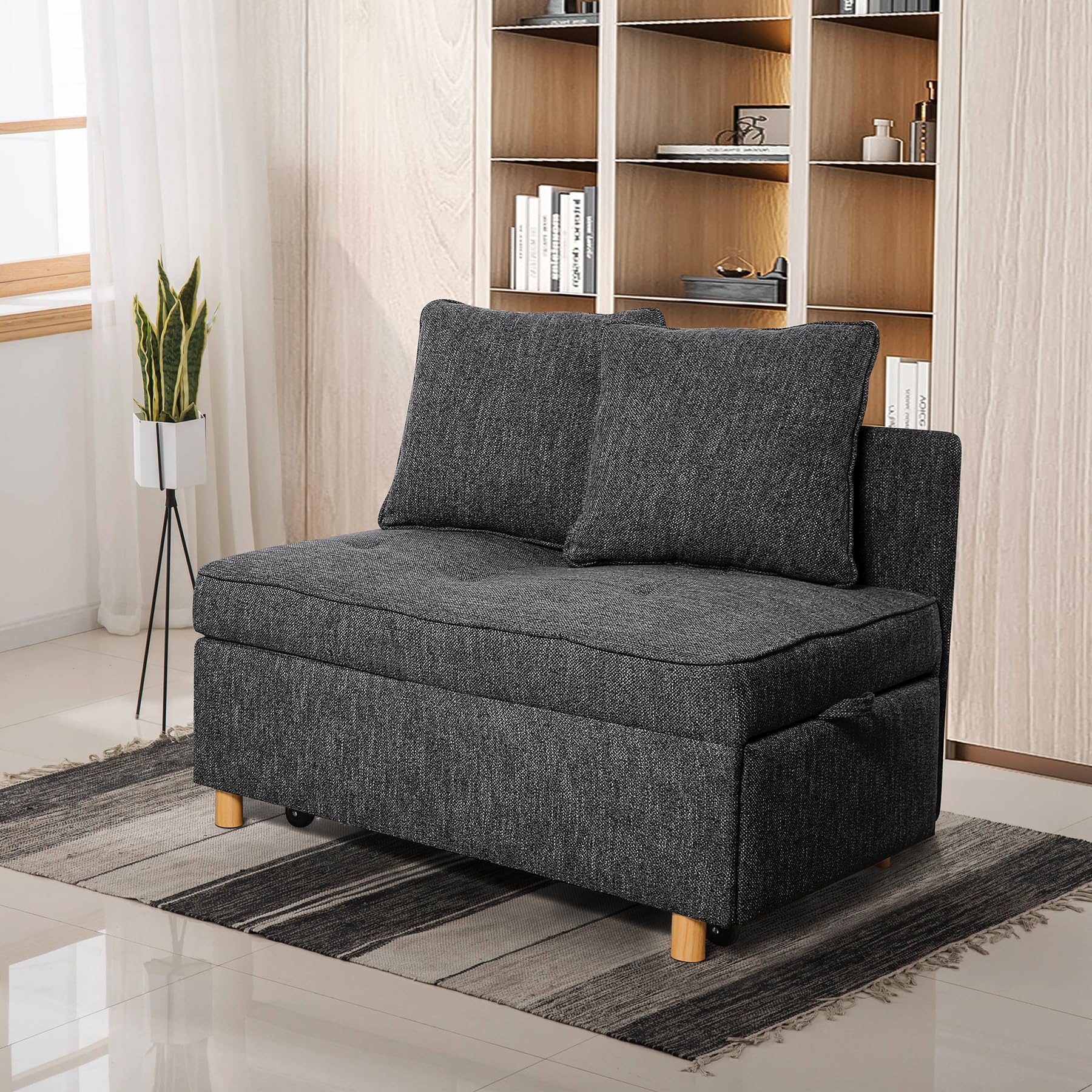 SEJOV Sofa Bed, 4-in-1 Convertible Sleeper Sofa, Pull Out Couch with 3 Seater, Sofa Chair with 5 Adjustable Backrests, 71โโ Linen Couch with 2 Pillow, Loveseat for Living Room, Yellow